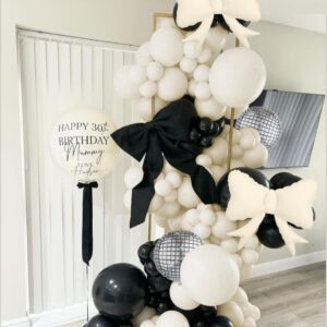 Bow Balloon Garland Arch Kit, 146 Pcs Black and White Bowtie Iridescent Disco Ball Foil Balloon for Birthday Anniversary Wedding Bridal Gender Reveal Supplies Bachelorette Tea Ribbon Party Decoration