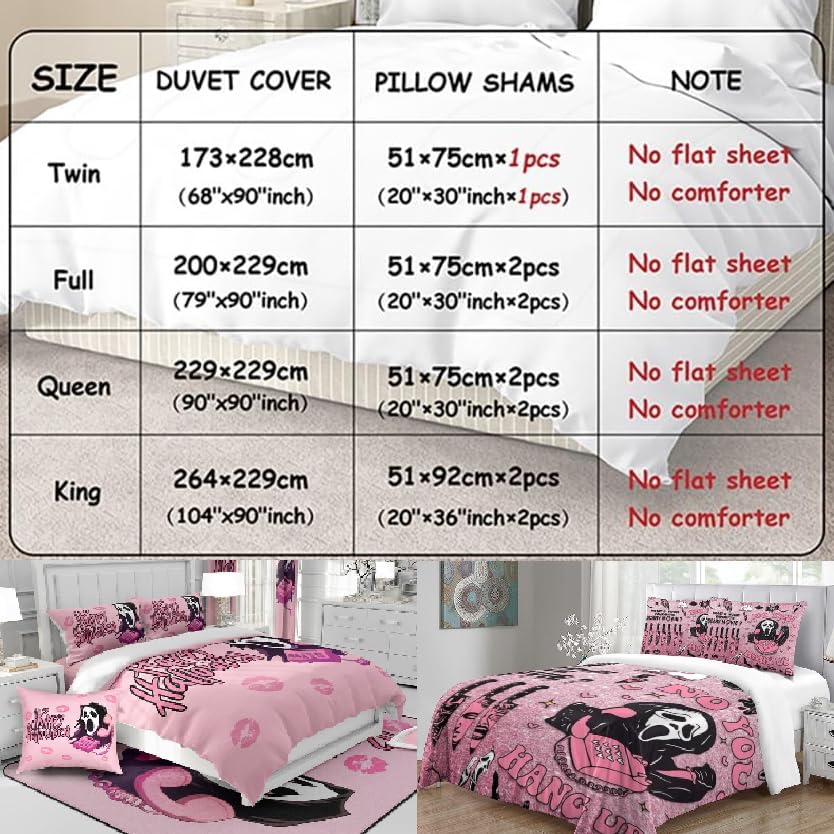 QIANAIWO Halloween Bedding Set 3PCS Pink Cartoon Skeleton Comforter Cover 'No You Hang Up' Funny Horror Ghost Design, Halloween Decor Horror Theme Bedding Set (A,Full)