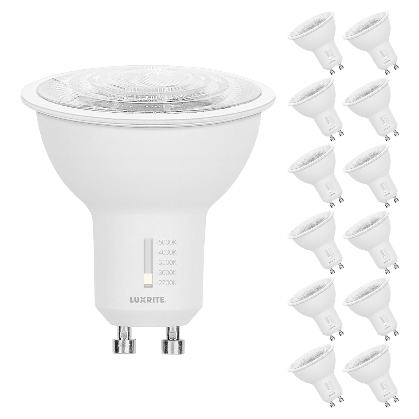 LUXRITE GU10 LED Bulbs Dimmable, 50W Halogen Equivalent, 5 Color Selectable 2700K-5000K, 6.5 Watt, 500 Lumens, 120V Spotlight LED Bulb GU10, Enclosed Fixture Rated (12 Pack)