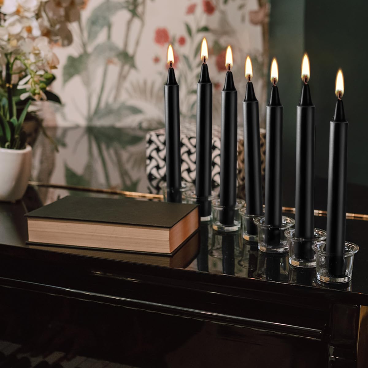 4 Inch Smokeless Black Taper Candles, Pack of 20, Long-Lasting Lighting Options for Dinners, Parties, Ceremonies and Shabbat, Burns 1.5 Hours Each