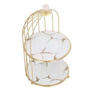 lotpken gold frame double layer storage shelf organizer for bathroom, bird cage design display rack for countertop and dressing table (white base gold pattern)