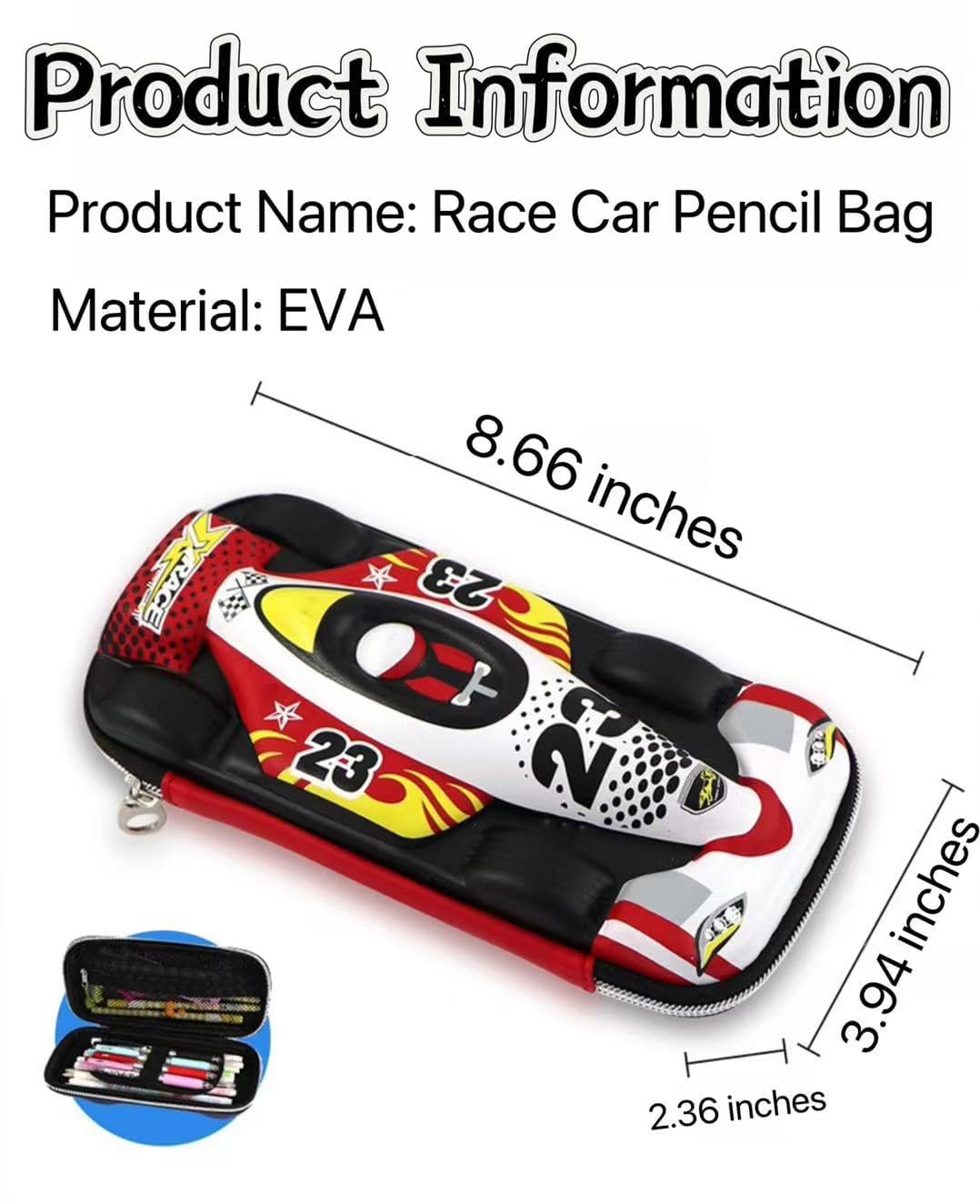 XZR Cool Pen Case Box Bag Stocking Stuffers Large Capacity Organizer Cool Supercar Race Car Pencil Bag Storage Box EVA Material Nice Gift (Red)