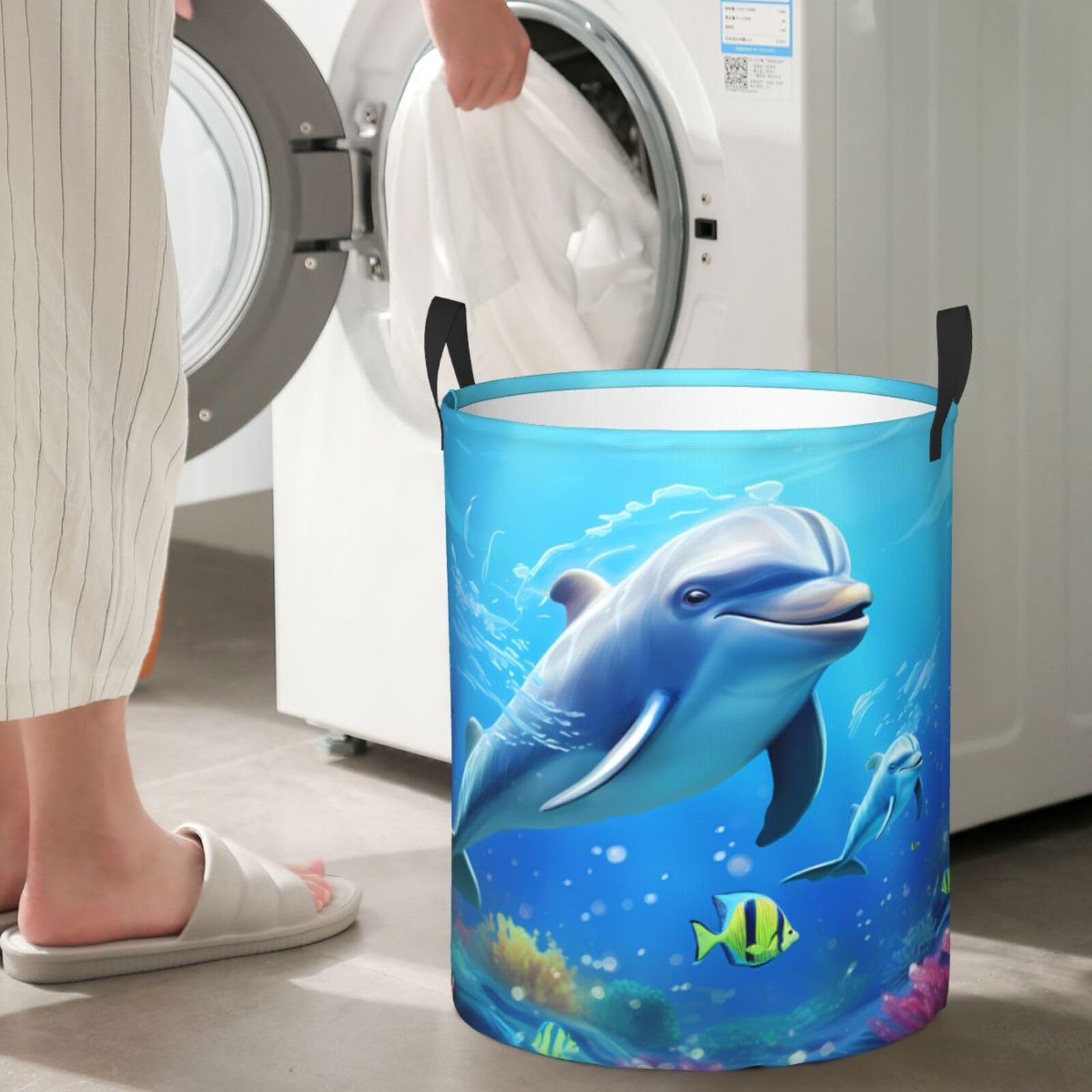 Cute Dolphin Printed Circular Hamper Laundry Basket For Bathroom Toy Storage Organizer Basket Collapsible Round With Handles Laundry Hamper