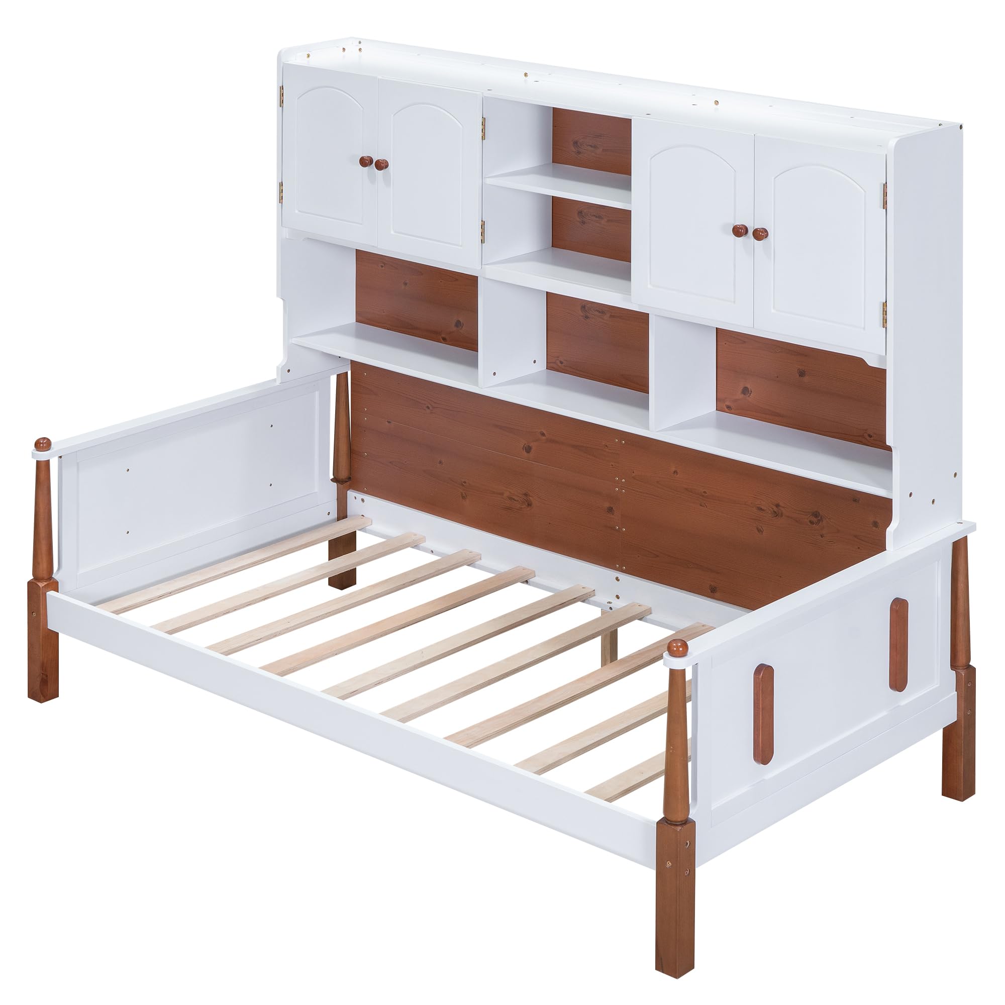 Harper & Bright Designs Twin Daybed with Bookcase Headboard, Twin Size Platform Bed with Storage Cabinet,Wood Twin Bed Frame for Kids Teens Adults (White+Walnut)