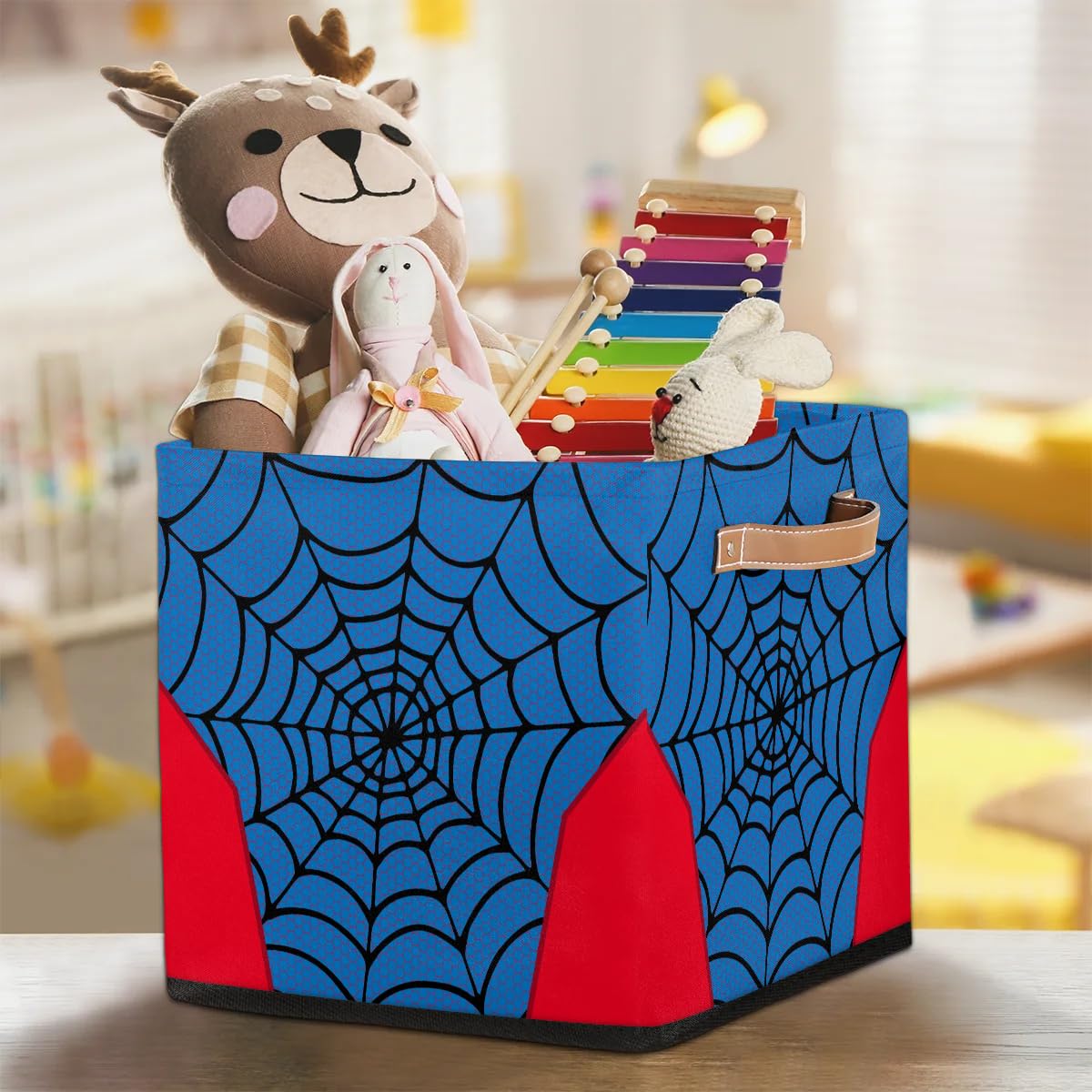 LLCXCSI Storage Bin Closet Organizer Bins with Handles, Blue Spider Web Decorative Collapsible Cube Storage Baskets for Nursery Shelf, Clothes, Toy, Towel, Book, 13"x 13"