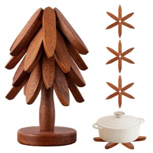 vertdens wooden trivets for hot dishes， tree shape trivet set，hot dish coaster with tree-shaped wood collapsible hot pad trivet tree for restaurant，4 wooden trivet + 1 stand（walnut wood）