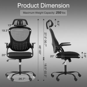 Ergonomic Home Mesh Office Chair-Computer Desk Swivel Reclining Chair with Wheels, Lumbar Support, Comfy Work Gaming Chair for Adults-Adjustable Headrest, Storage Basket for Home Office, Gaming, Black