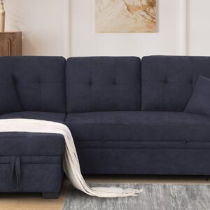 YOPTO 81.5" Sectional Sleeper Sofa Bed,Convertible L Shaped Pull Out Couch with Storage Chaise & Pillow,Woven Upholstered Loveseat W/Removable Back Cushion for Living Room,Apartment,Office,Dark Blue