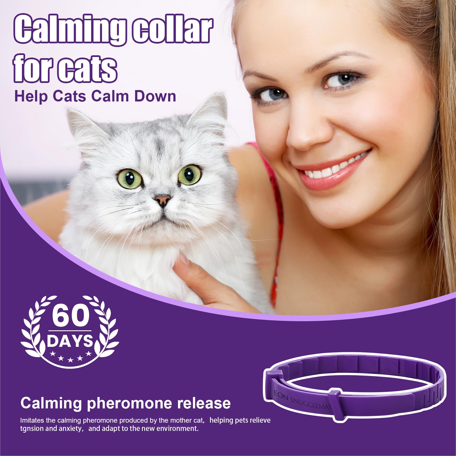 EON SNUGGLEMATES Calming Collar for Cats, Long-Lasting Pheromone Collar Helps Calm Cats for 30 Days, Reduces Stress, Helps Calm Cats from Anxiety, Loud Noises, and Separation, 1 Count (Purple)