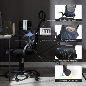 Ergonomic Home Mesh Office Chair-Computer Desk Swivel Reclining Chair with Wheels, Lumbar Support, Comfy Work Gaming Chair for Adults-Adjustable Headrest, Storage Basket for Home Office, Gaming, Black