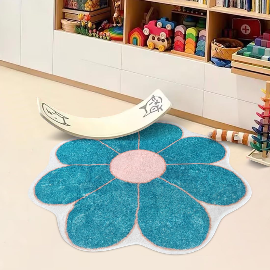 Poowe Teal Blue Flower Shaped Rug,Cute Round Rug for Bedroom Living Room, Fluffy Circular Rug Washable Nursery Rug for Kids Room Nonslip Indoor Floor Mat for Entryway-39.4" Round