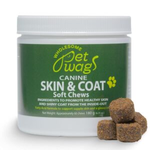 wholesome pet wags canine skin & coat soft chews | dog vitamins and supplements, with fish oil, biotin, vitamin a & d3, promotes skin health, with omega-3 fatty acids | 60 chews (180 g, 6.35 oz.)