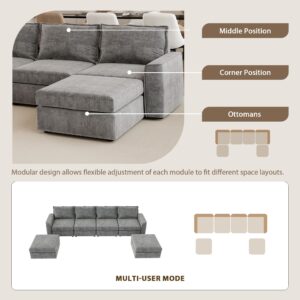 Ball & Cast 115" Chenille U-Shaped Sectional Sofa Set,Minimalist Style Chenille Modular Cloud Couch with Convertible Ottoman Chaise for Living Room,Free Combination,Gray