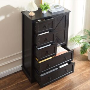 SOOWERY Dresser for Bedroom, 5 Drawer Wood Dresser, Black Dresser Farmhouse Dressers with 5 Wooden Drawers and Storage Cabinet, 48 Inch Tall Chest of Drawers for Bedroom, Living Room