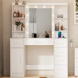 isharingtime vanity desk with mirror and lights, makeup vanity with cabinet, makeup desk vanity table with 6 drawers & power outlet, white vanity 3 lighting modes brightness adjustable for bedroom