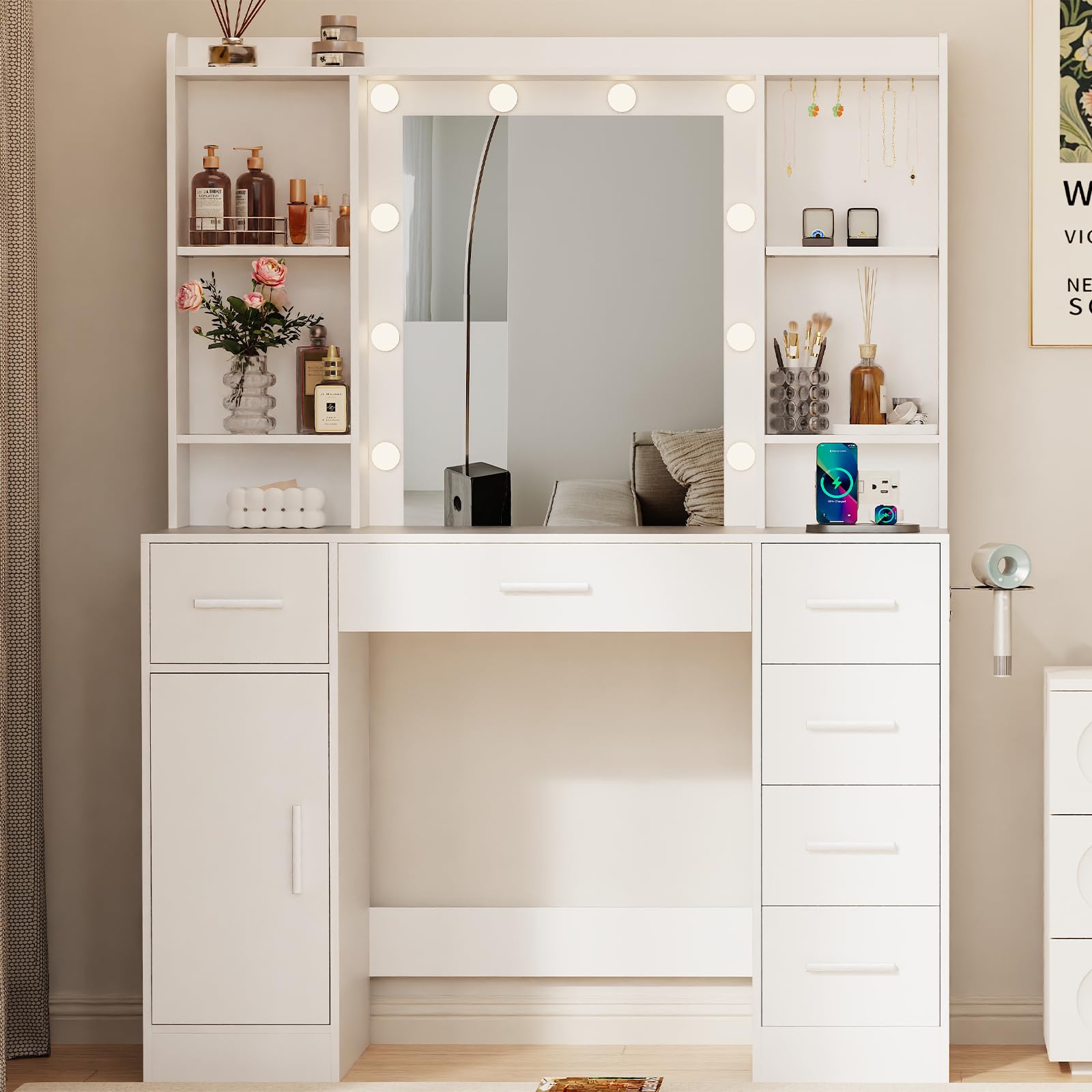 ISHARINGTIME Vanity Desk with Mirror and Lights, Makeup Vanity with Cabinet, Makeup Desk Vanity Table with 6 Drawers & Power Outlet, White Vanity 3 Lighting Modes Brightness Adjustable for Bedroom