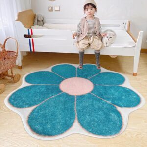 poowe teal blue flower shaped rug,cute round rug for bedroom living room, fluffy circular rug washable nursery rug for kids room nonslip indoor floor mat for entryway-39.4" round