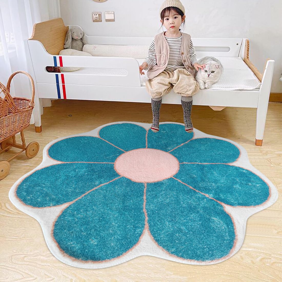 Poowe Teal Blue Flower Shaped Rug,Cute Round Rug for Bedroom Living Room, Fluffy Circular Rug Washable Nursery Rug for Kids Room Nonslip Indoor Floor Mat for Entryway-39.4" Round