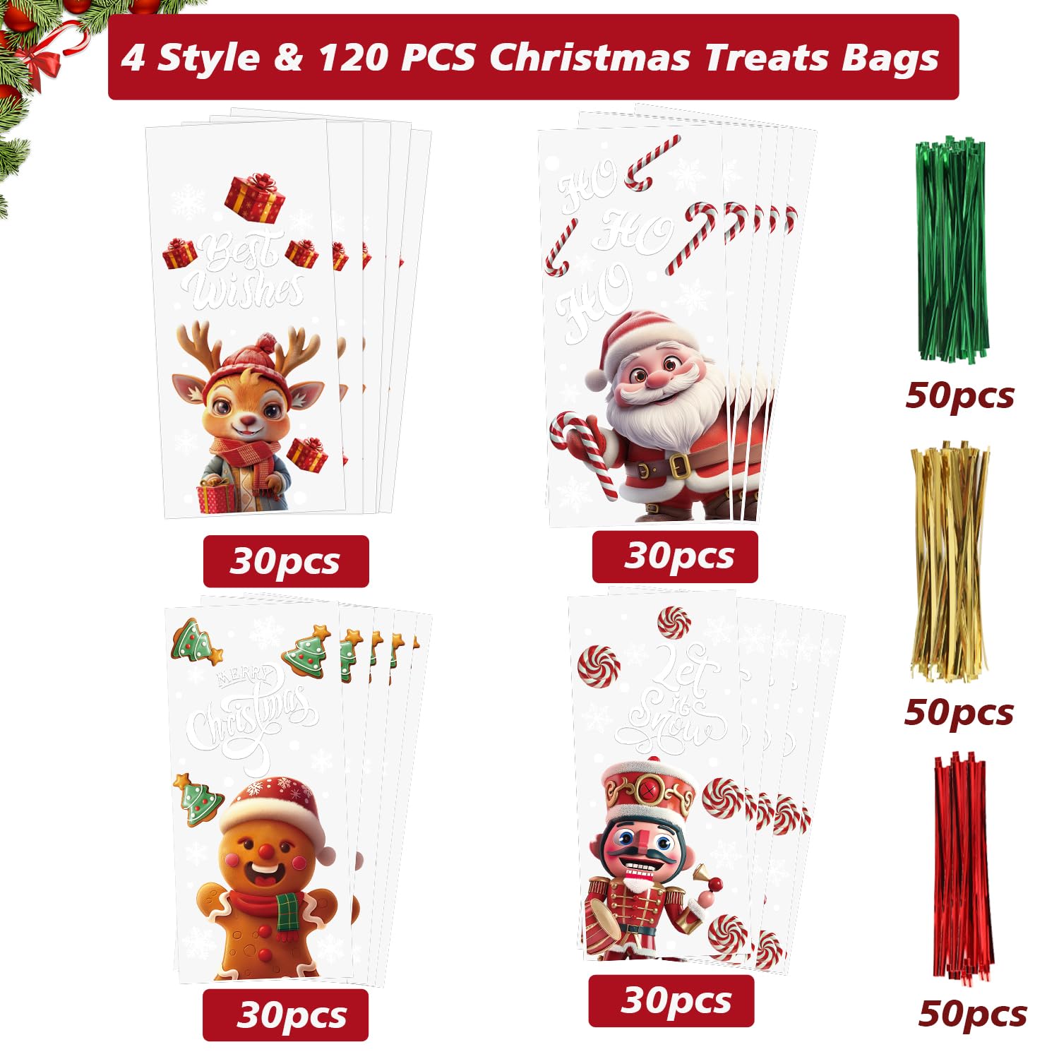 LOKIPA 120PCS Christmas Cellophane Treat Bags, 4 Styles Christmas Cello Candy Goody Bags Clear Christmas bags with 150 Twist Ties for Christmas Party Supplies