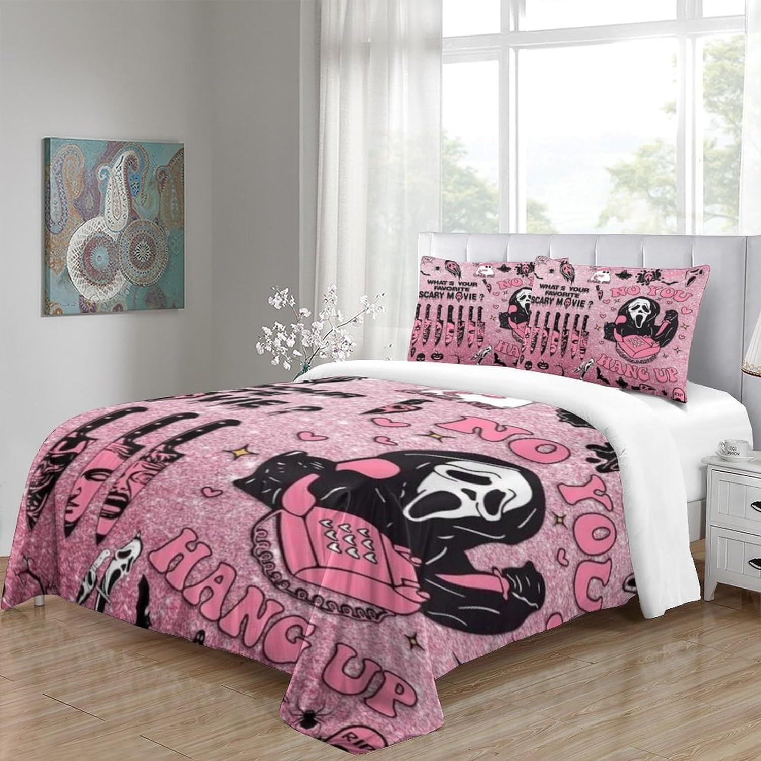 QIANAIWO Halloween Bedding Set 3PCS Pink Cartoon Skeleton Comforter Cover 'No You Hang Up' Funny Horror Ghost Design, Halloween Decor Horror Theme Bedding Set (A,Full)