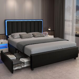 immerstable queen size bed frame with 4 drawers and led headboard, upholstered bed frame queen with storage, heavy duty metal frame and wood slat support, queen bed frame no box spring needed, black