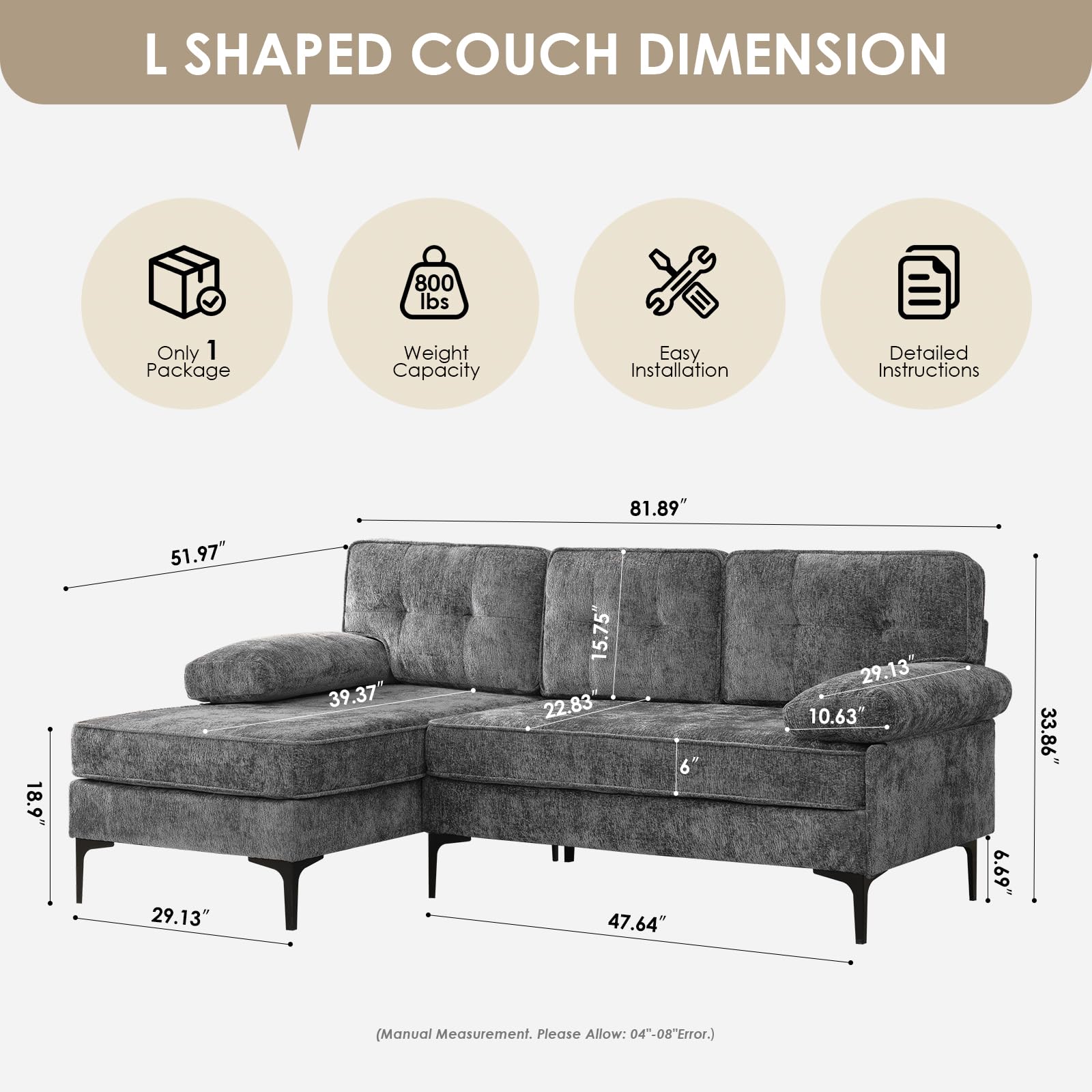 Siiejia Convertible Sectional Couch Sofa, 82" Chenille L Shaped Couch with Reversible Chaise, 3-Seat Comfy Couch Sofa Set for Living Room Apartment Small Space, Dark Grey