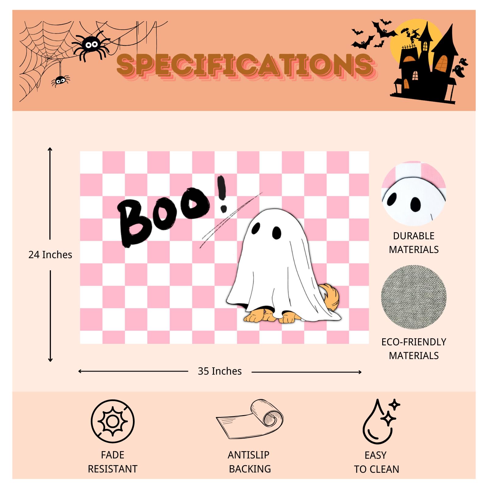 Twelve Studio Halloween Boo Doormat, Cute Spooky Ghost Dog Indoor Outdoor Welcome Mat, Washable Anti-Slip Rug for Entrance Kitchen Bathroom Halloween Decoration, 2’x3' Pink White Checkerboard