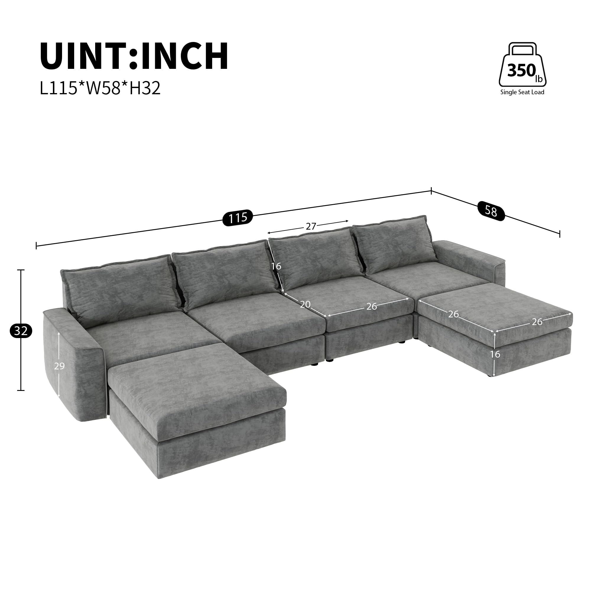 Ball & Cast 115" Chenille U-Shaped Sectional Sofa Set,Minimalist Style Chenille Modular Cloud Couch with Convertible Ottoman Chaise for Living Room,Free Combination,Gray