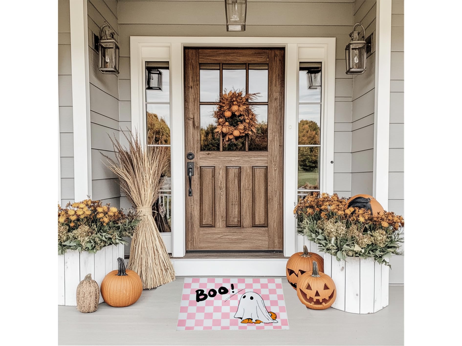 Twelve Studio Halloween Boo Doormat, Cute Spooky Ghost Dog Indoor Outdoor Welcome Mat, Washable Anti-Slip Rug for Entrance Kitchen Bathroom Halloween Decoration, 2’x3' Pink White Checkerboard