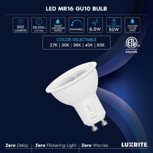 LUXRITE GU10 LED Bulbs Dimmable, 50W Halogen Equivalent, 5 Color Selectable 2700K-5000K, 6.5 Watt, 500 Lumens, 120V Spotlight LED Bulb GU10, Enclosed Fixture Rated (12 Pack)