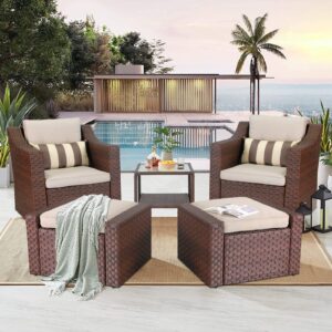 Brightpeak 5 Piece Patio Conversation Set, Outdoor Furniture Set, Brown Wicker Lounge Chair with Ottoman Footrest, W/Coffee Table & Beige Cushions for Garden, Patio, Balcony, Deck