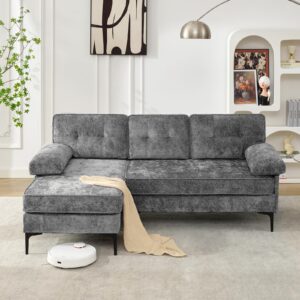 Siiejia Convertible Sectional Couch Sofa, 82" Chenille L Shaped Couch with Reversible Chaise, 3-Seat Comfy Couch Sofa Set for Living Room Apartment Small Space, Dark Grey