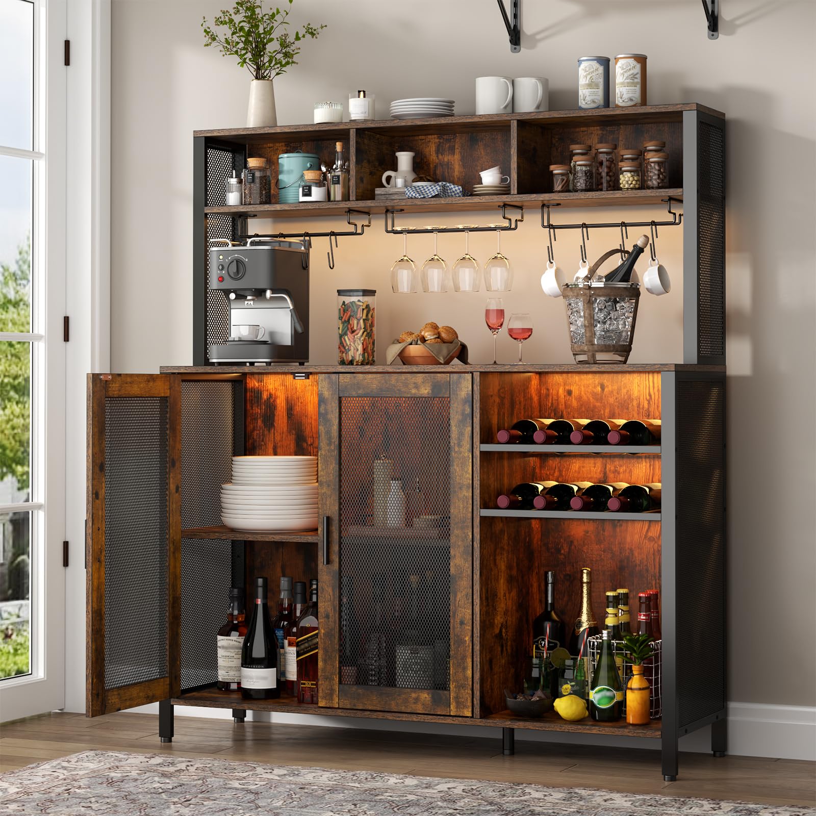 Loomie Wine Bar Cabinet with LED Lights, Industrial Coffee Bar Cabinet with 3 Storage Compartments & Wine Rack &Glass Holder,Sideboard Buffet Cabinet for Liquor and Glasses,Liquor Cabinet,Rustic Brown