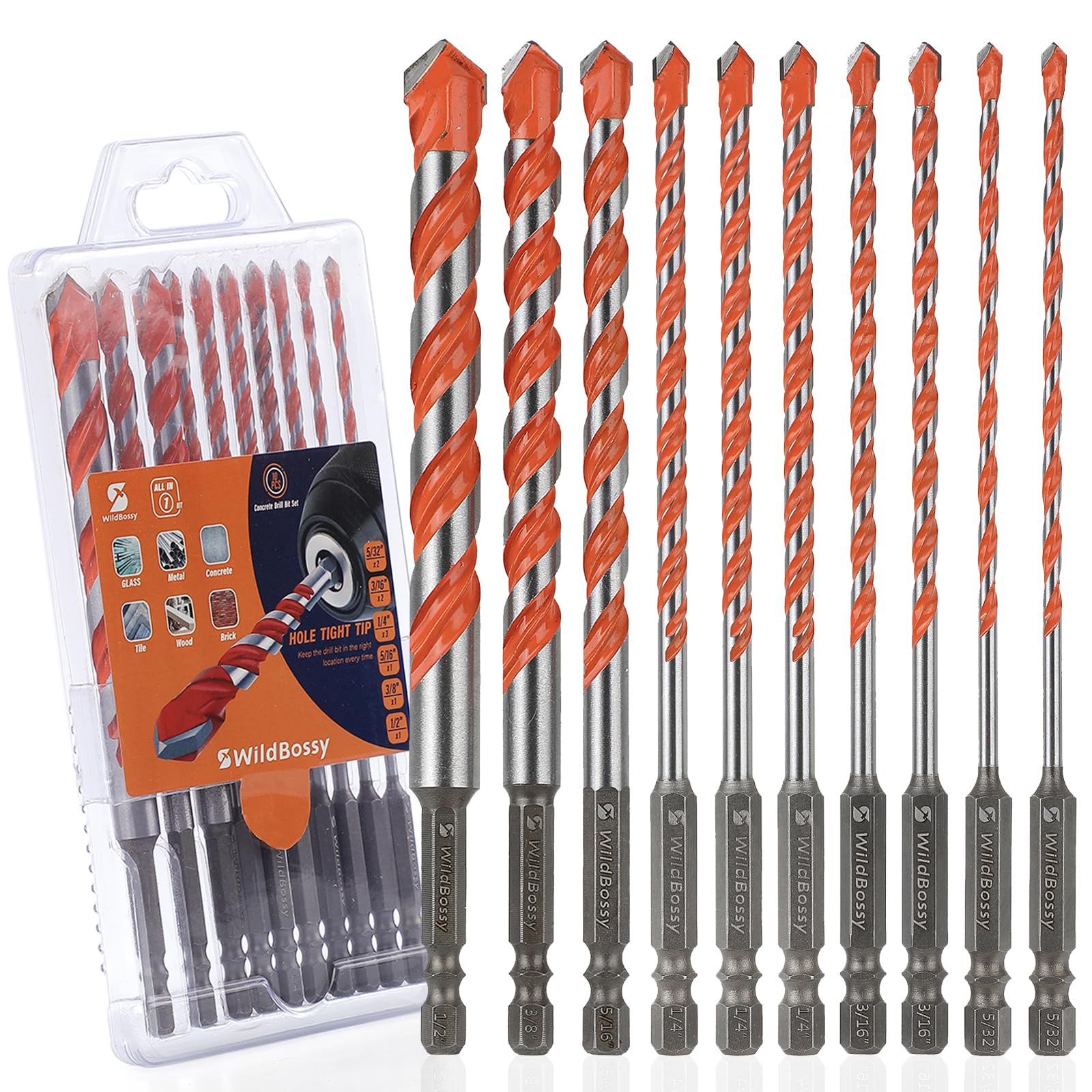 Concrete Carbide Drill Bits Hex Shank Masonry Cement Tile Drill Bit Set for Glass/Brick/Plastic/Cement/Tile 5/32"-1/2" (10PCS)