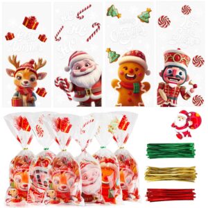 lokipa 120pcs christmas cellophane treat bags, 4 styles christmas cello candy goody bags clear christmas bags with 150 twist ties for christmas party supplies