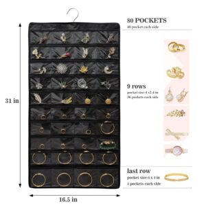 ZKXNBXX Hanging Jewelry Organizer for Closet Wall Door Double-Sided Jewelry Holder for Earrings, Necklaces, Rings 1 Pcs (Black)