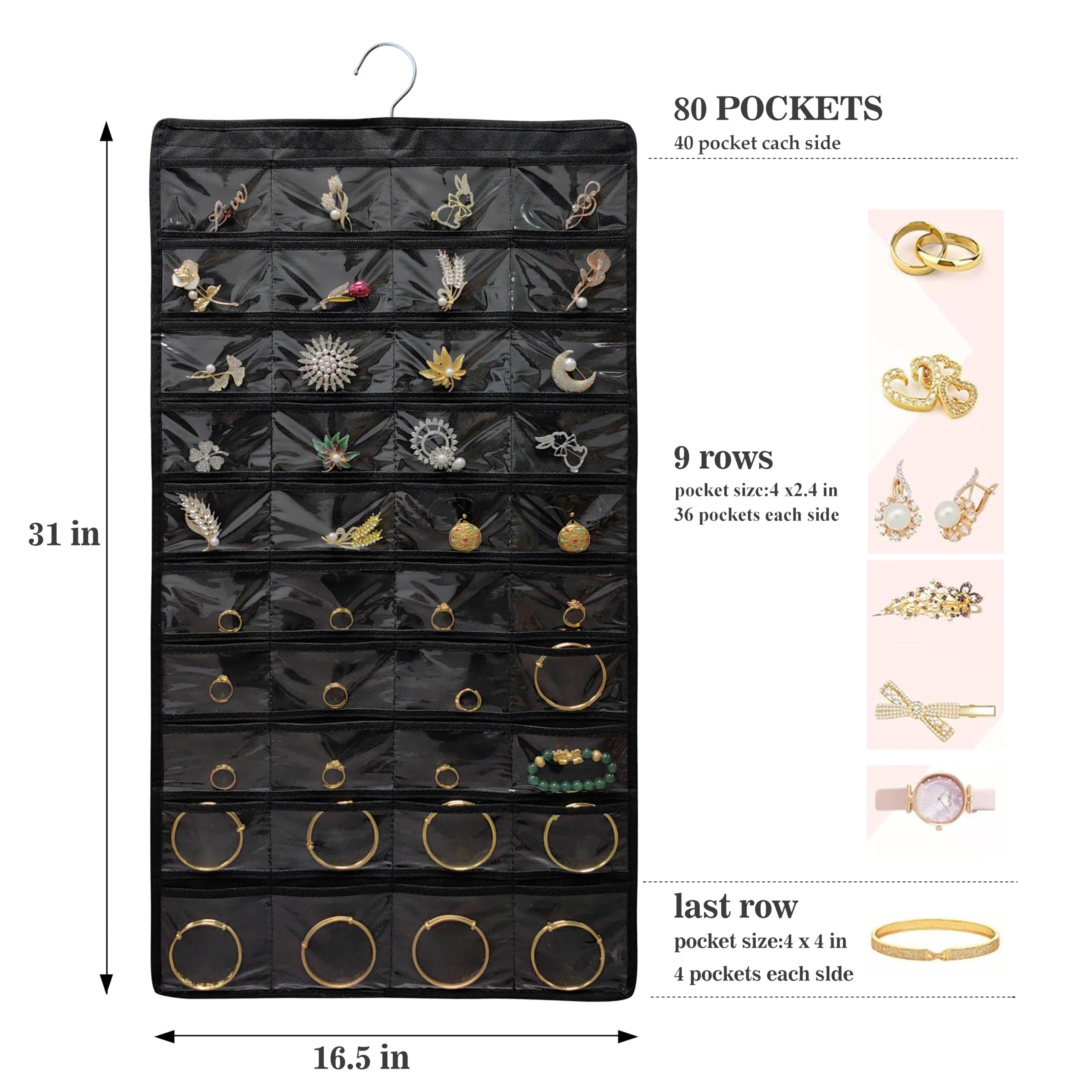 ZKXNBXX Hanging Jewelry Organizer for Closet Wall Door Double-Sided Jewelry Holder for Earrings, Necklaces, Rings 1 Pcs (Black)