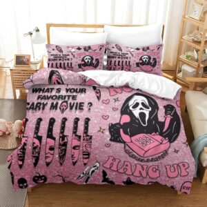 qianaiwo halloween bedding set 3pcs pink cartoon skeleton comforter cover 'no you hang up' funny horror ghost design, halloween decor horror theme bedding set (a,full)