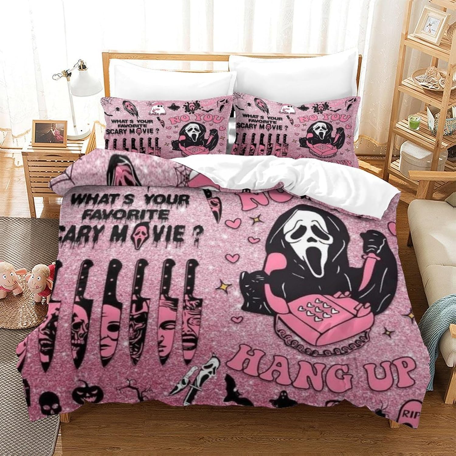 QIANAIWO Halloween Bedding Set 3PCS Pink Cartoon Skeleton Comforter Cover 'No You Hang Up' Funny Horror Ghost Design, Halloween Decor Horror Theme Bedding Set (A,Full)