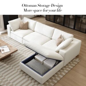 Cloud Modular Sectional Sofa with Storage Ottoman, 120" Down Filled Comfort L Shaped Couch Modular Sectional Couch, Modern Deep Sofa Couches for Living Room Office Apartment (3 Seater+1 Ottoman，White)