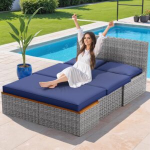 Devoko Patio Day Bed Outdoor Daybed Set Multifunctional Rattan Lounge Bed with 2 Side Tables for Backyard Porch Poolside Lawn Beach (Navy Blue)