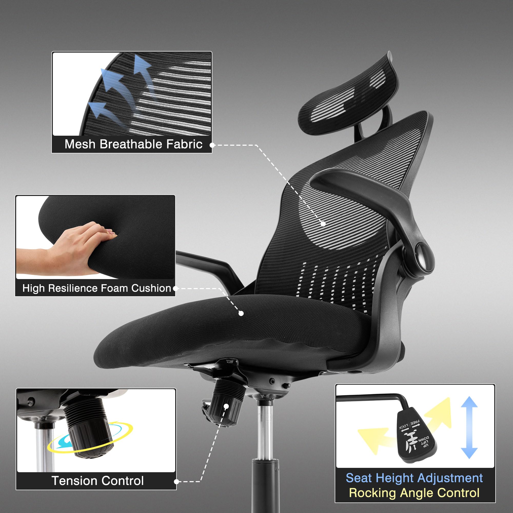 Ergonomic Home Mesh Office Chair-Computer Desk Swivel Reclining Chair with Wheels, Lumbar Support, Comfy Work Gaming Chair for Adults-Adjustable Headrest, Storage Basket for Home Office, Gaming, Black