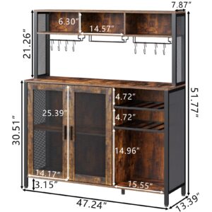 Loomie Wine Bar Cabinet with LED Lights, Industrial Coffee Bar Cabinet with 3 Storage Compartments & Wine Rack &Glass Holder,Sideboard Buffet Cabinet for Liquor and Glasses,Liquor Cabinet,Rustic Brown