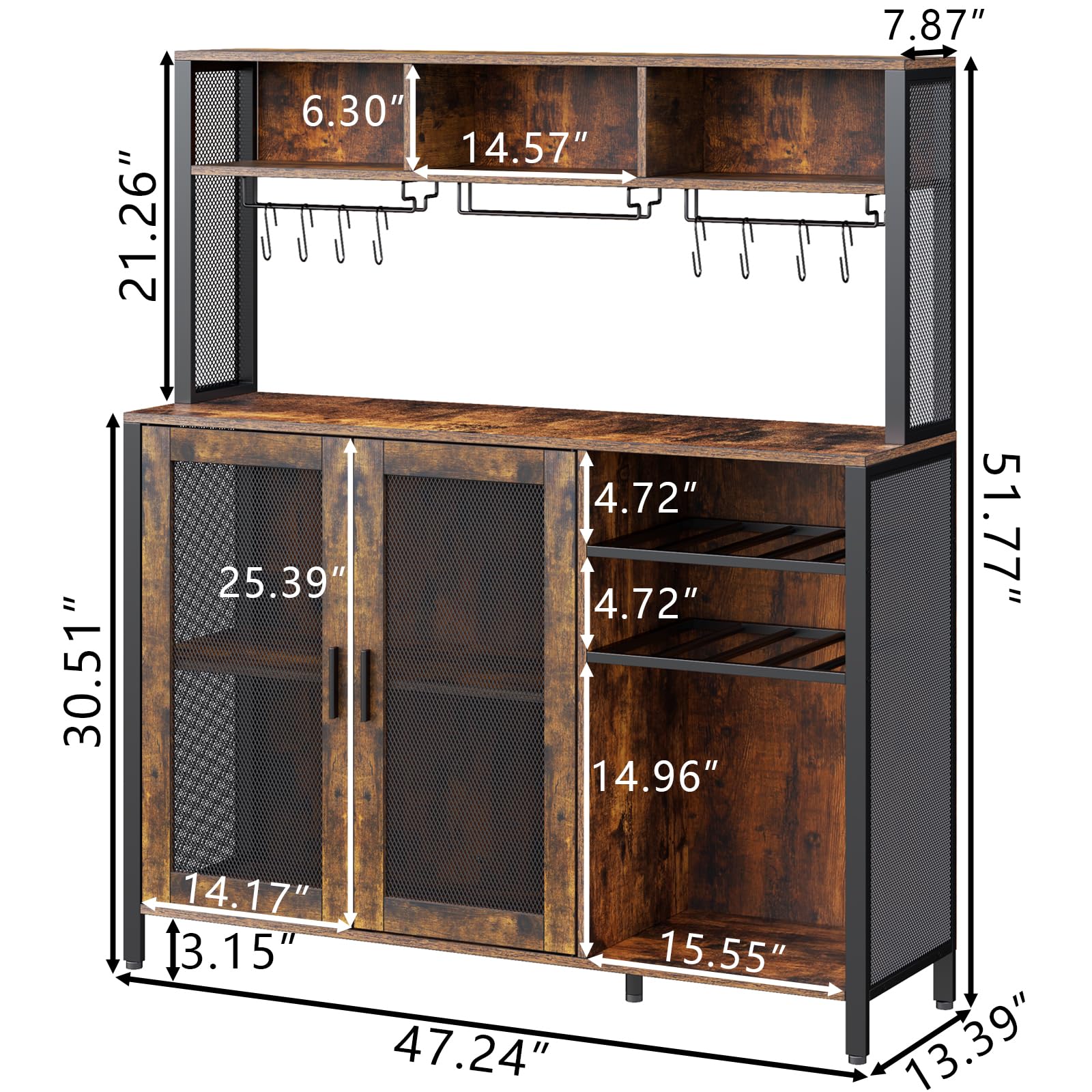 Loomie Wine Bar Cabinet with LED Lights, Industrial Coffee Bar Cabinet with 3 Storage Compartments & Wine Rack &Glass Holder,Sideboard Buffet Cabinet for Liquor and Glasses,Liquor Cabinet,Rustic Brown