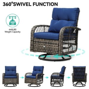 YITAHOME 3 Piece Patio Outdoor Swivel Glider Rocker Wicker Patio Bistro Rocking Set with Wood-Grain Table for Garden, Backyard and Balcony (Navy Blue)