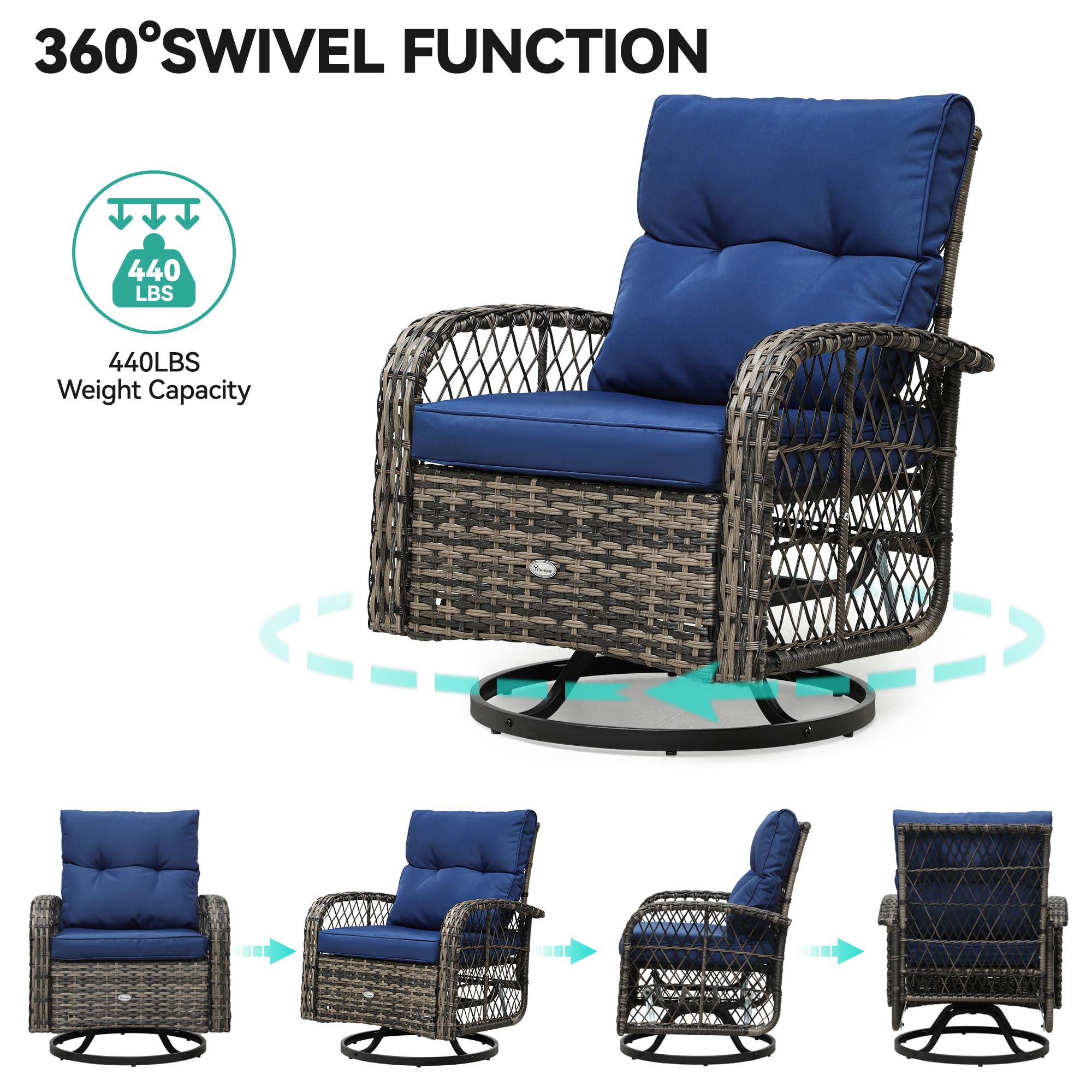 YITAHOME 3 Piece Patio Outdoor Swivel Glider Rocker Wicker Patio Bistro Rocking Set with Wood-Grain Table for Garden, Backyard and Balcony (Navy Blue)