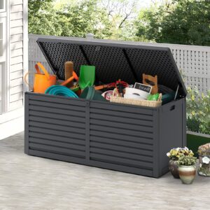 yofe 130 gallon storage deck box,waterproof storage cabinet, uv resistant lockable plastic storage bench for patio cushions,garden tools (darkgray)