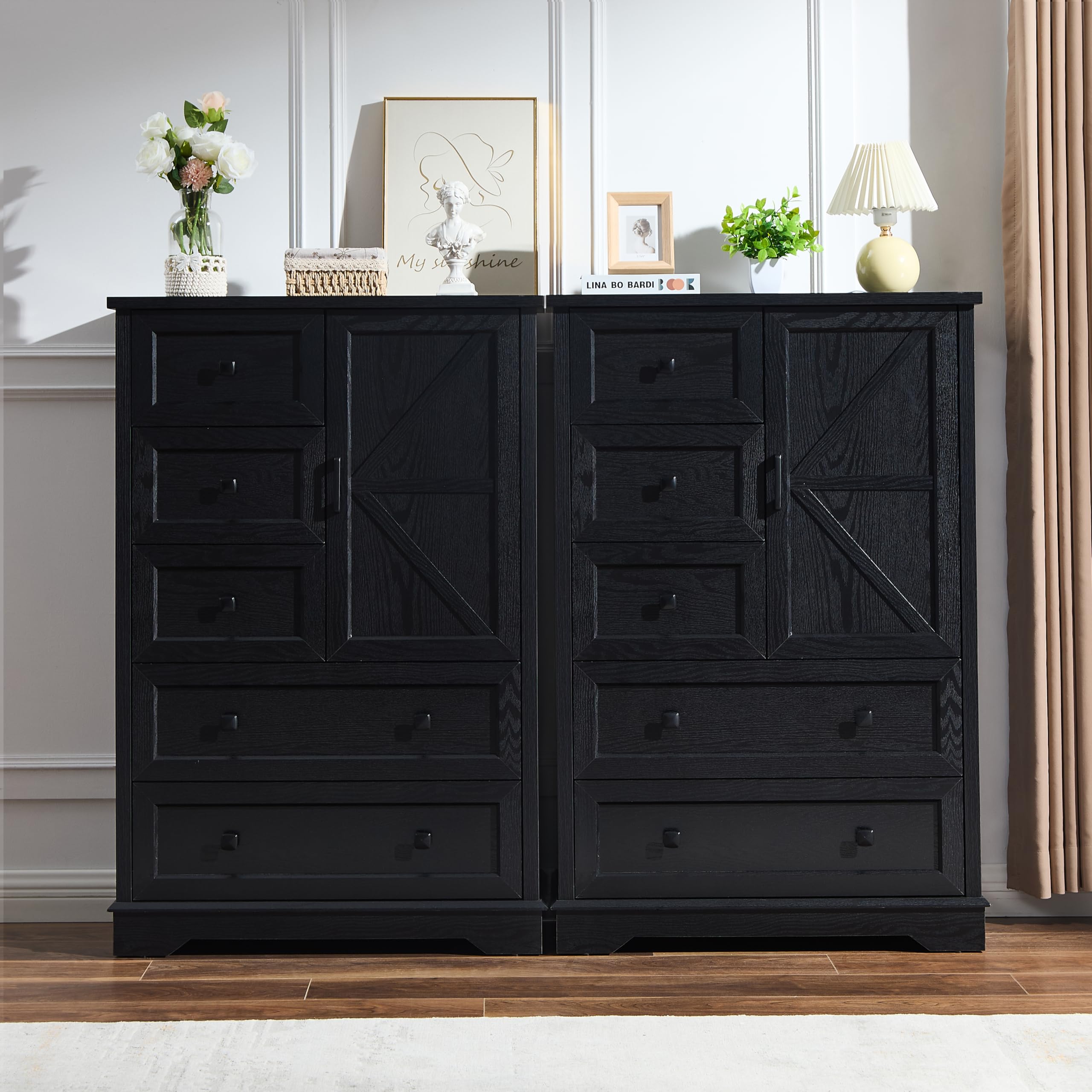 SOOWERY Dresser for Bedroom, 5 Drawer Wood Dresser, Black Dresser Farmhouse Dressers with 5 Wooden Drawers and Storage Cabinet, 48 Inch Tall Chest of Drawers for Bedroom, Living Room