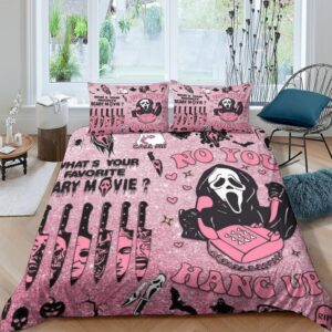 QIANAIWO Halloween Bedding Set 3PCS Pink Cartoon Skeleton Comforter Cover 'No You Hang Up' Funny Horror Ghost Design, Halloween Decor Horror Theme Bedding Set (A,Full)