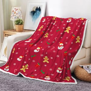 christmas gingerbread blanket, red xmas snowman snowflake gingerbread cherry throw blanket, for boys girls lightweight soft plush blankets couch sofa bed blanket 50"x60"in